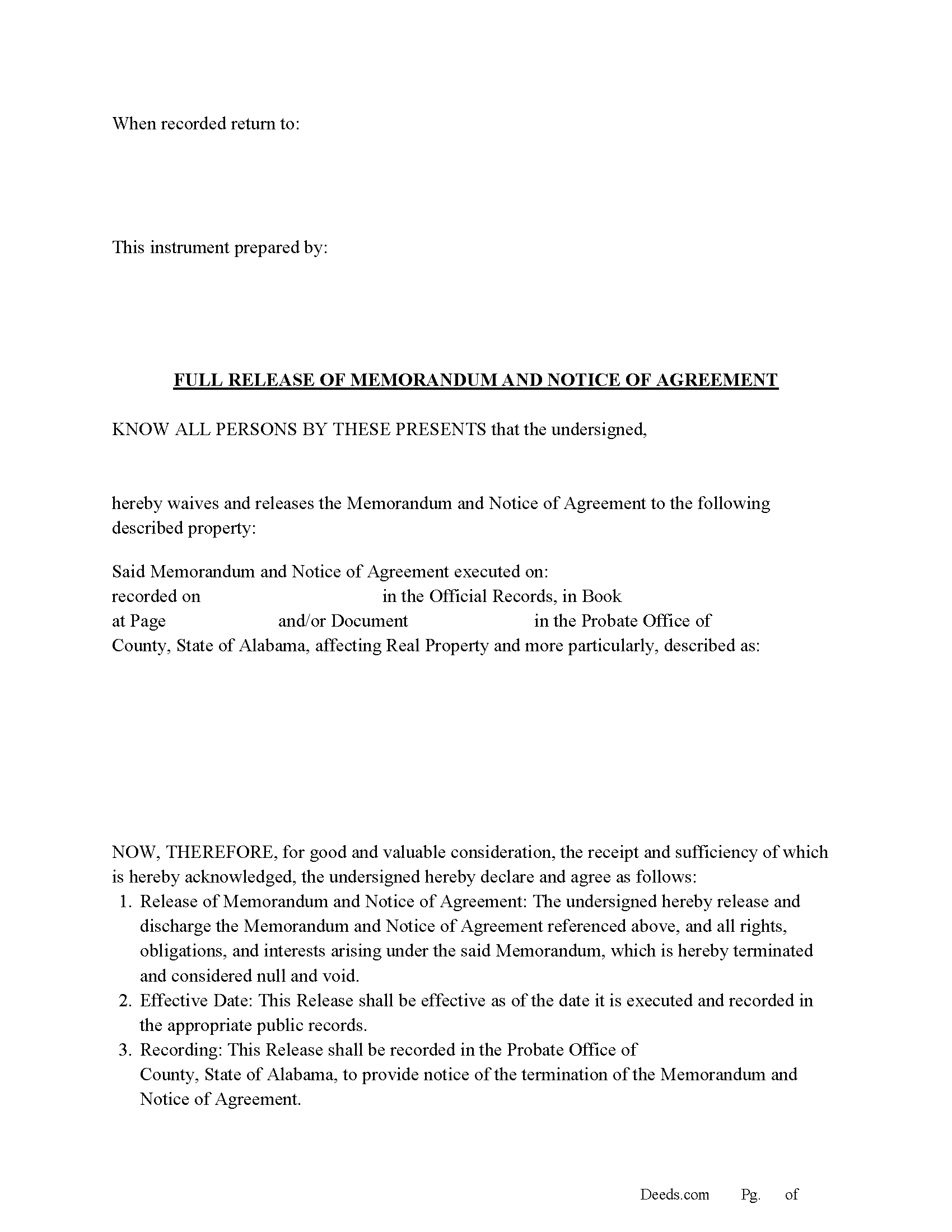Alabama Full Release of Memorandum and Notice of Agreement Forms ... Alabama Full Release of Memorandum and Notice of Agreement Forms ...