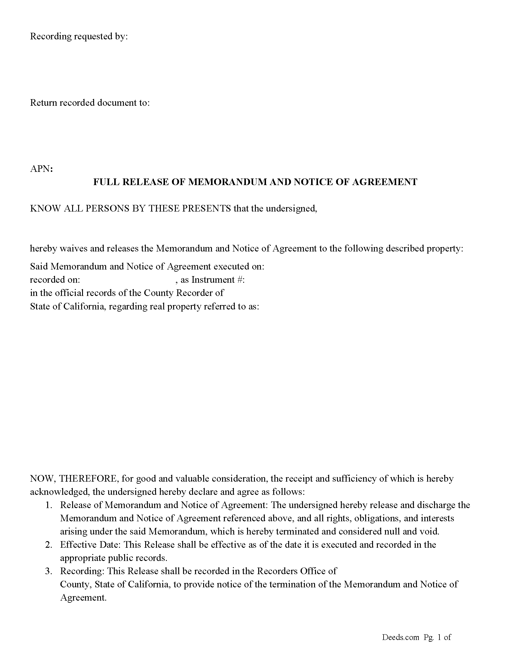 Alameda County Full Release of Memorandum and Notice of Agreement Form ... Alameda County Full Release of Memorandum and Notice of Agreement Form ...