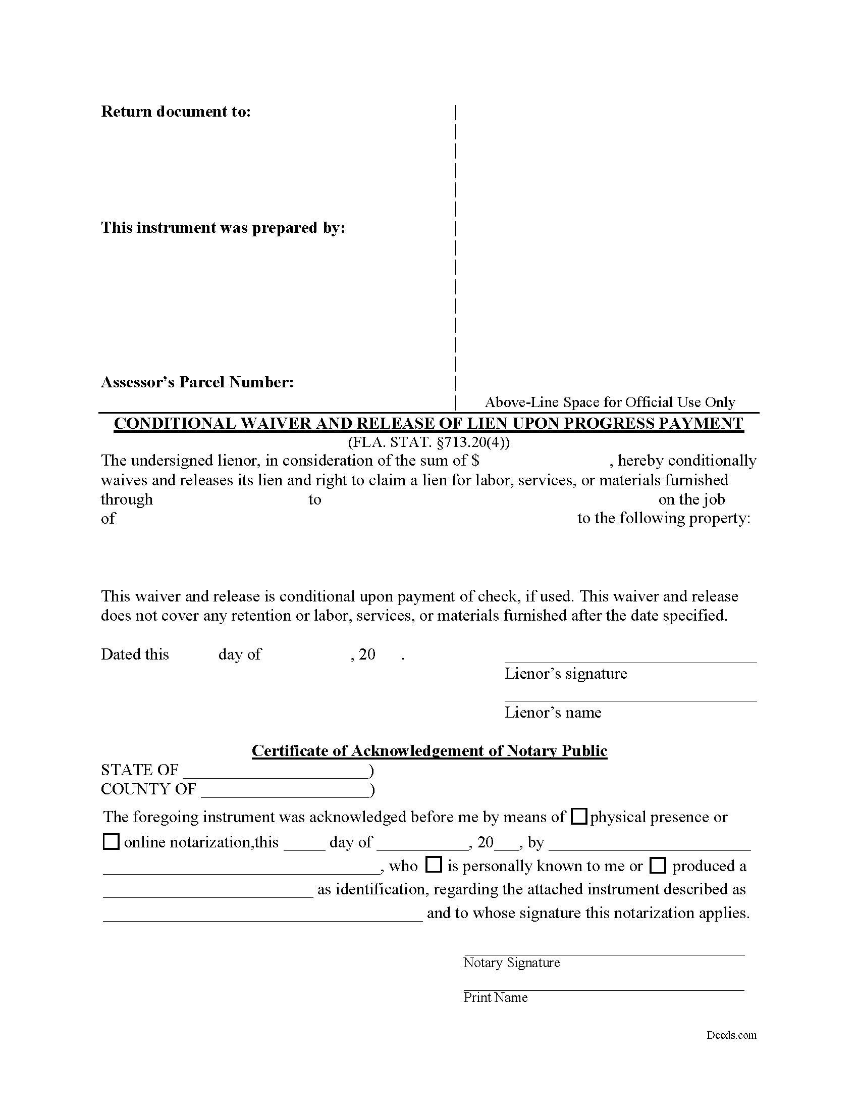 Florida Conditional Waiver and Release of Lien upon Progress Payment ... Florida Conditional Waiver and Release of Lien upon Progress Payment ...