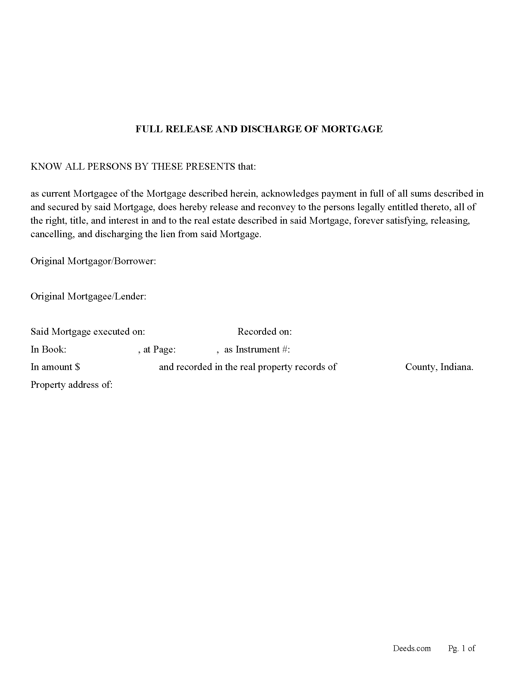 De Kalb County Full Release Of Mortgage Forms Indiana Deeds De Kalb County Full Release Of Mortgage Forms Indiana Deeds