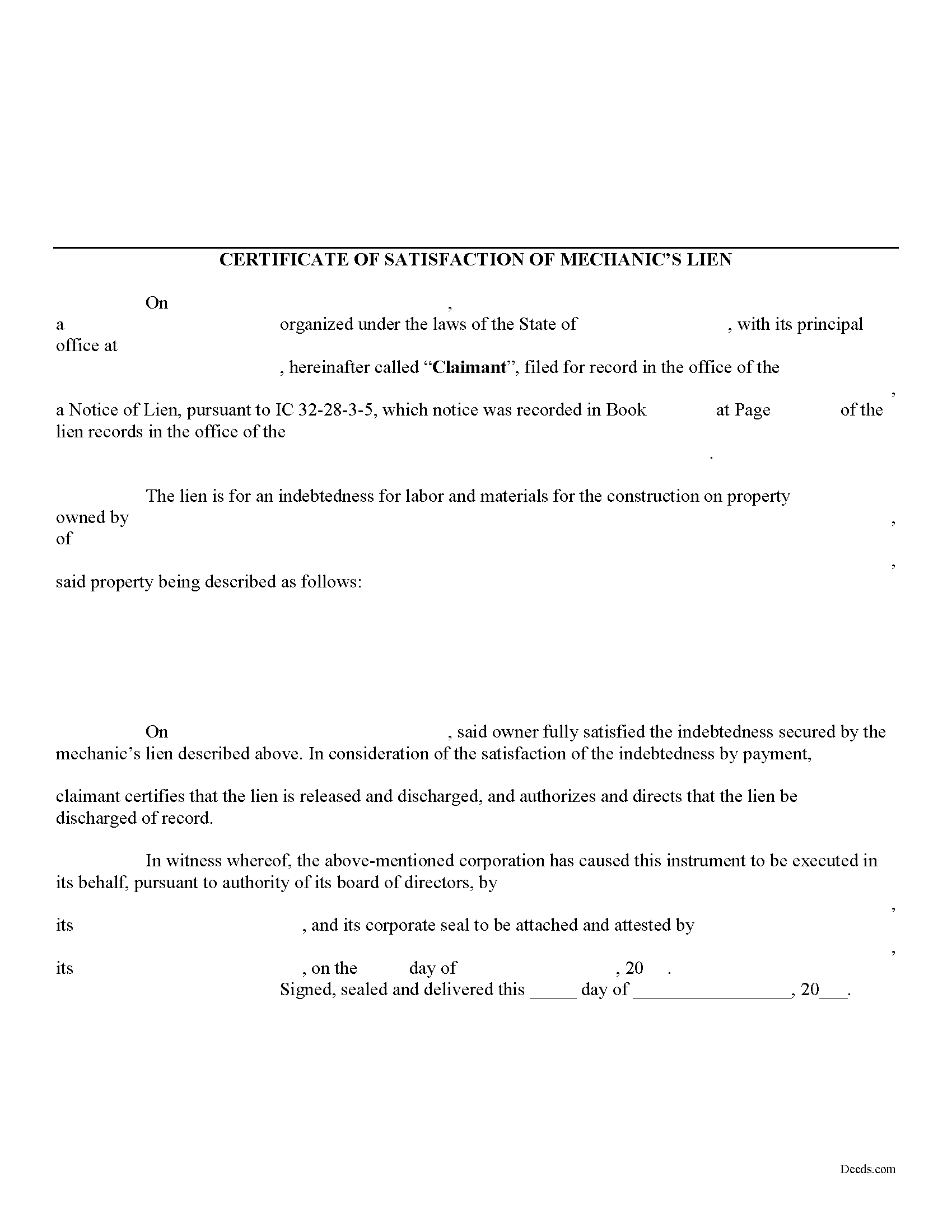 Lake County Satisfaction Of Lien Forms Indiana Deeds