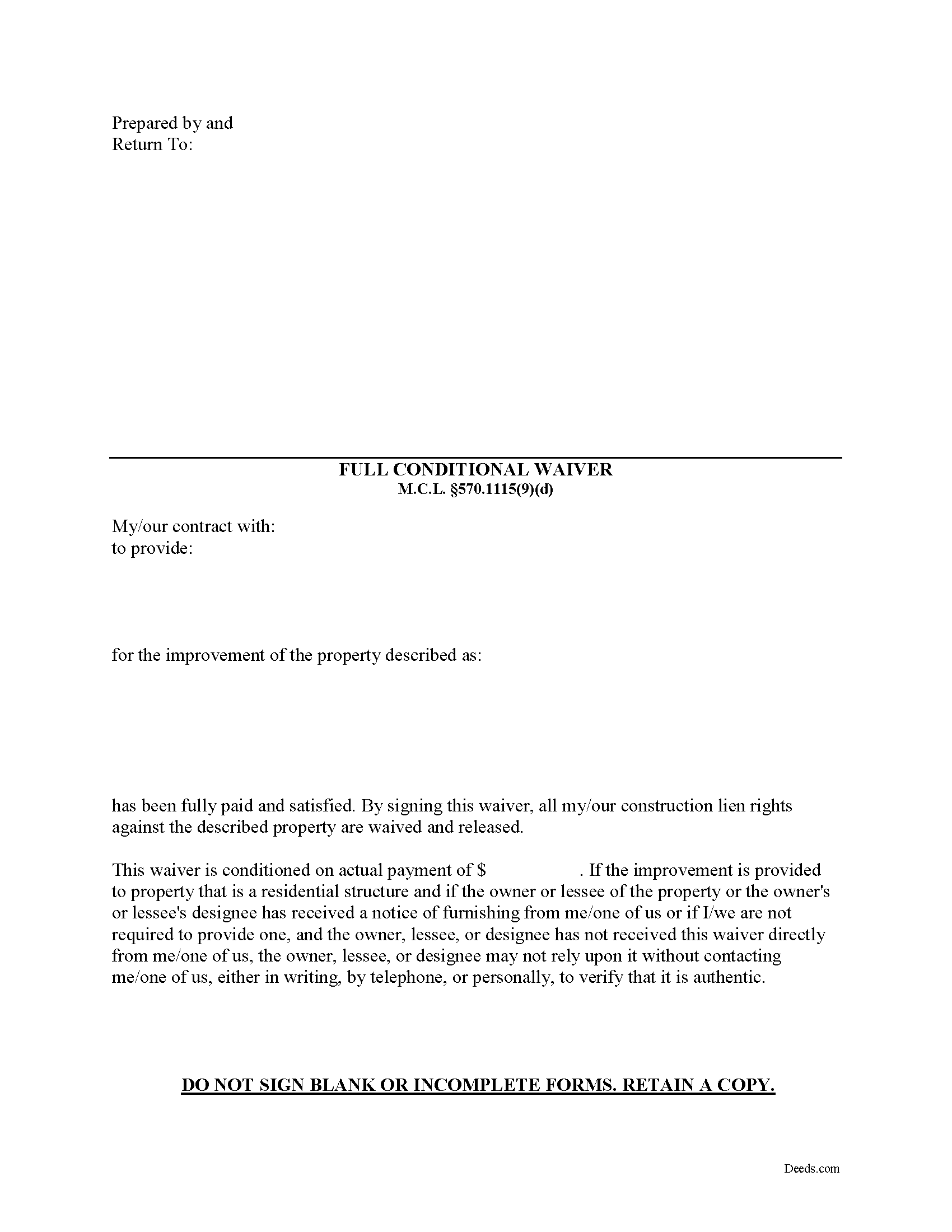 Michigan Full Conditional Waiver of Lien Forms | Deeds.com Michigan Full Conditional Waiver of Lien Forms | Deeds.com