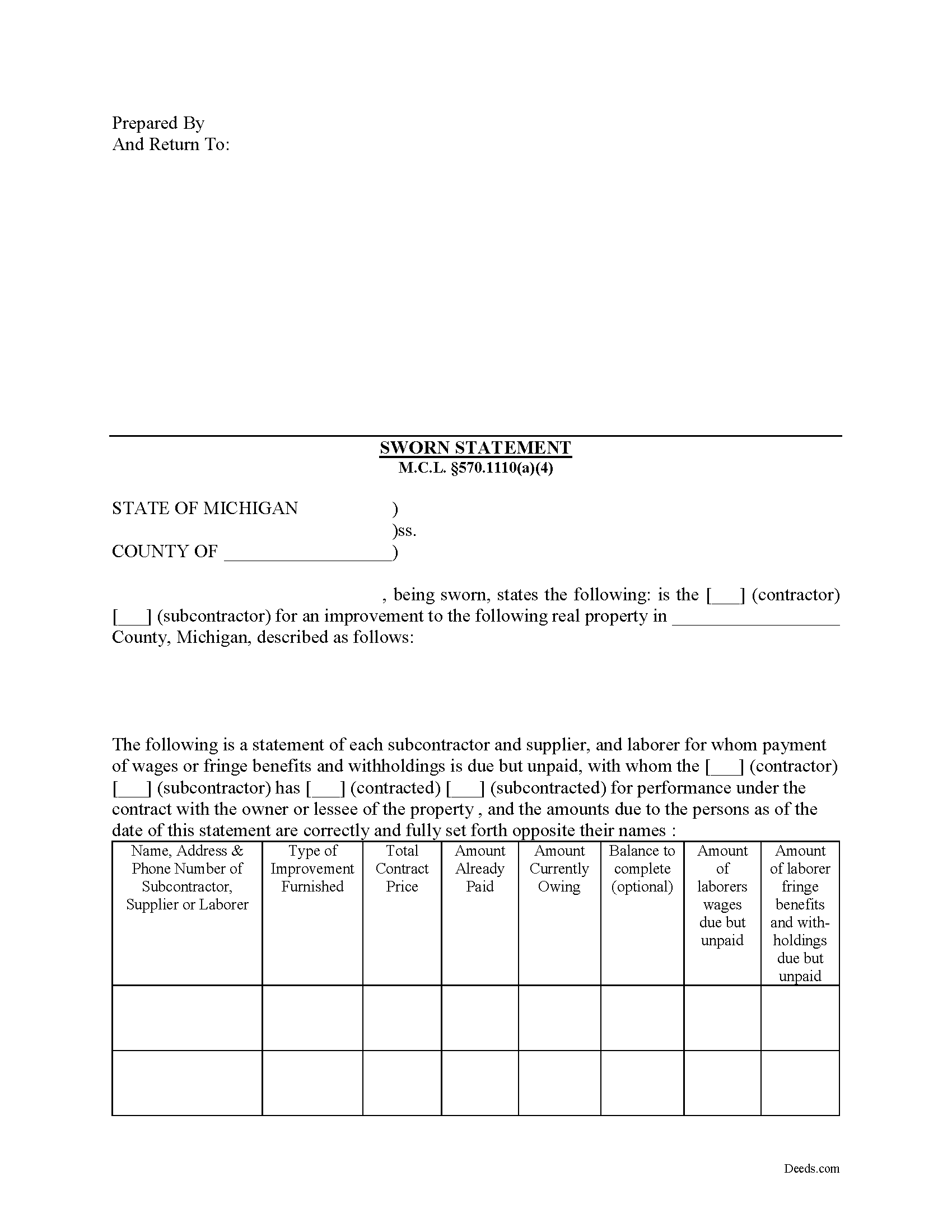 Michigan Sworn Statement of Account Forms | Deeds.com Michigan Sworn Statement of Account Forms | Deeds.com
