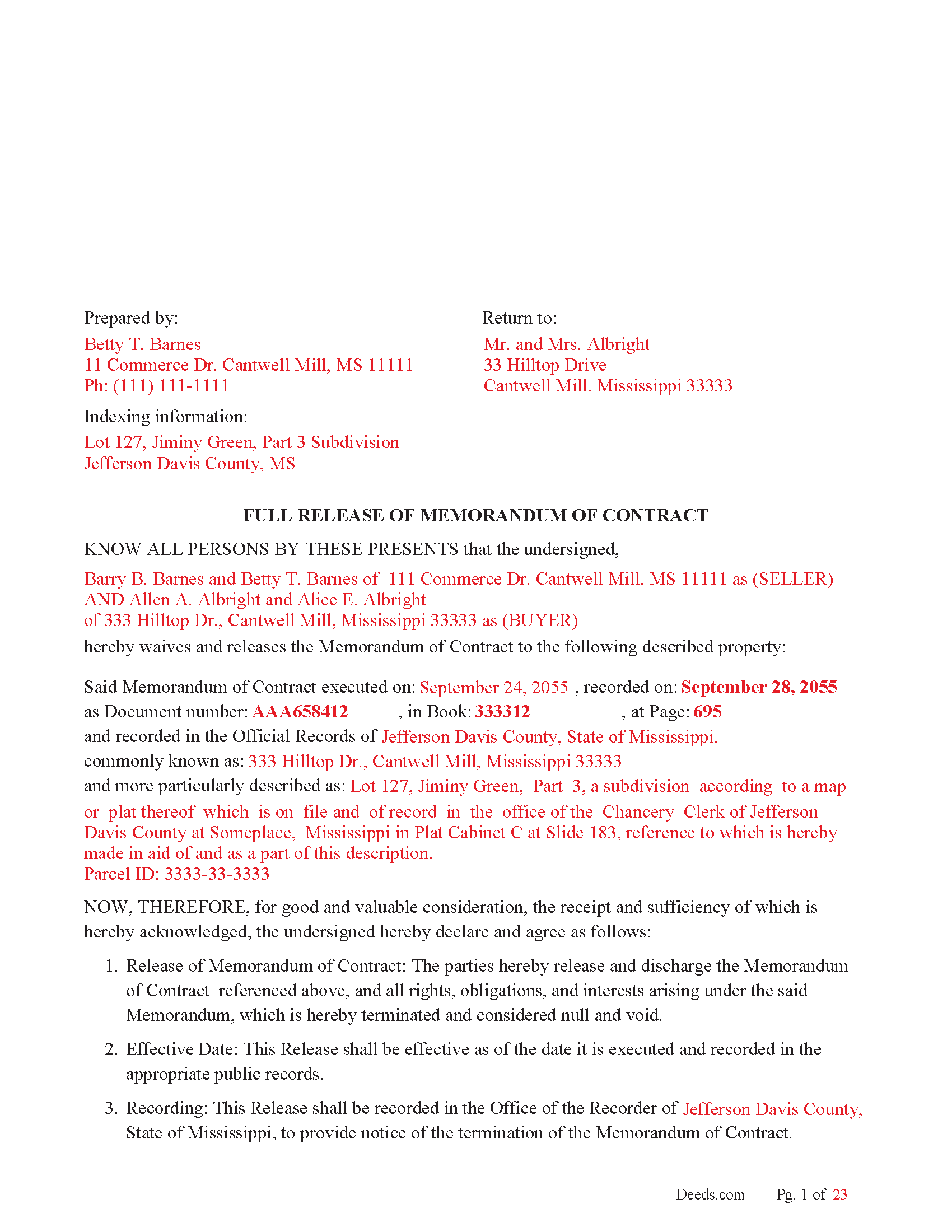 Simpson County Full Release of Memorandum of Contract Form ... Simpson County Full Release of Memorandum of Contract Form ...