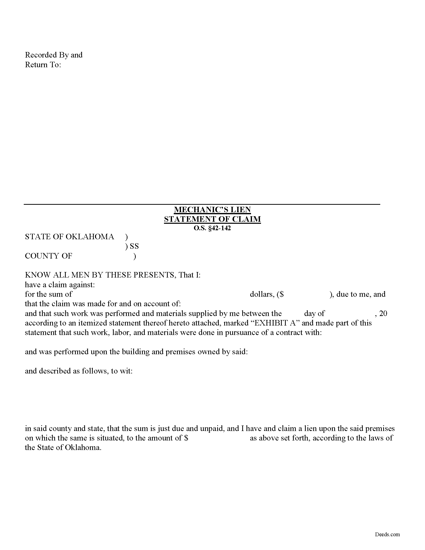 Texas County Claim Of Mechanics Lien Forms Oklahoma Deeds