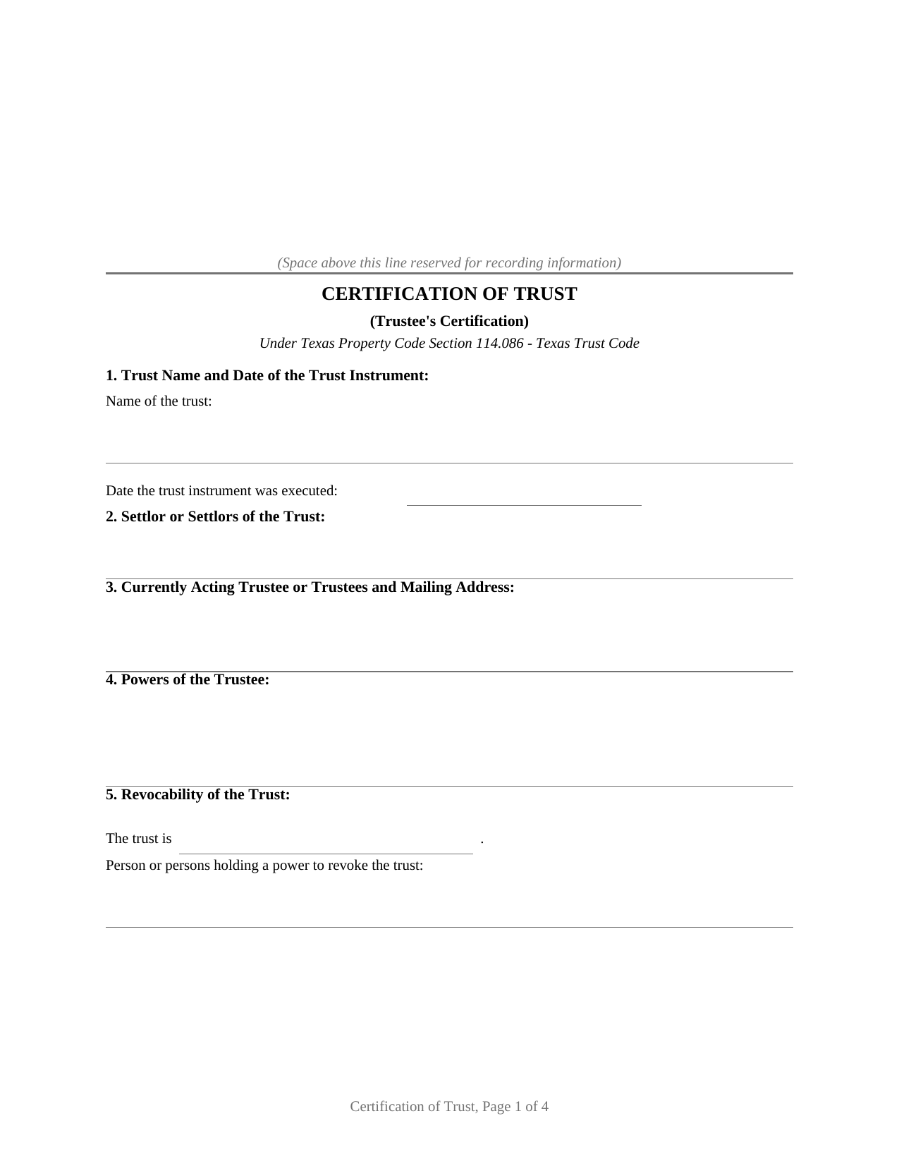 Bastrop County Certification of Trust Form | Texas | Deeds.com