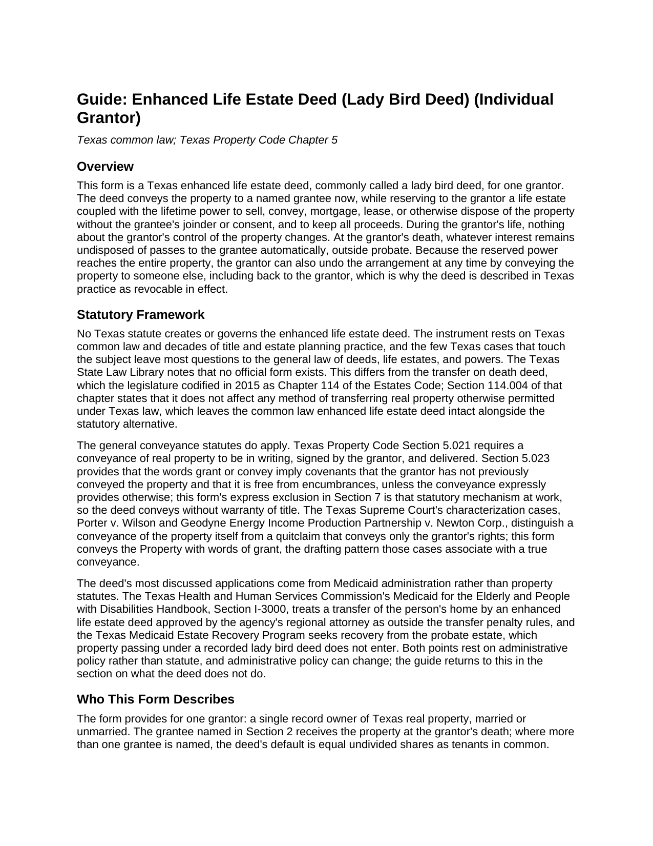 Karnes County Enhanced Life Estate Deed (Lady Bird Deed) (Individual ...