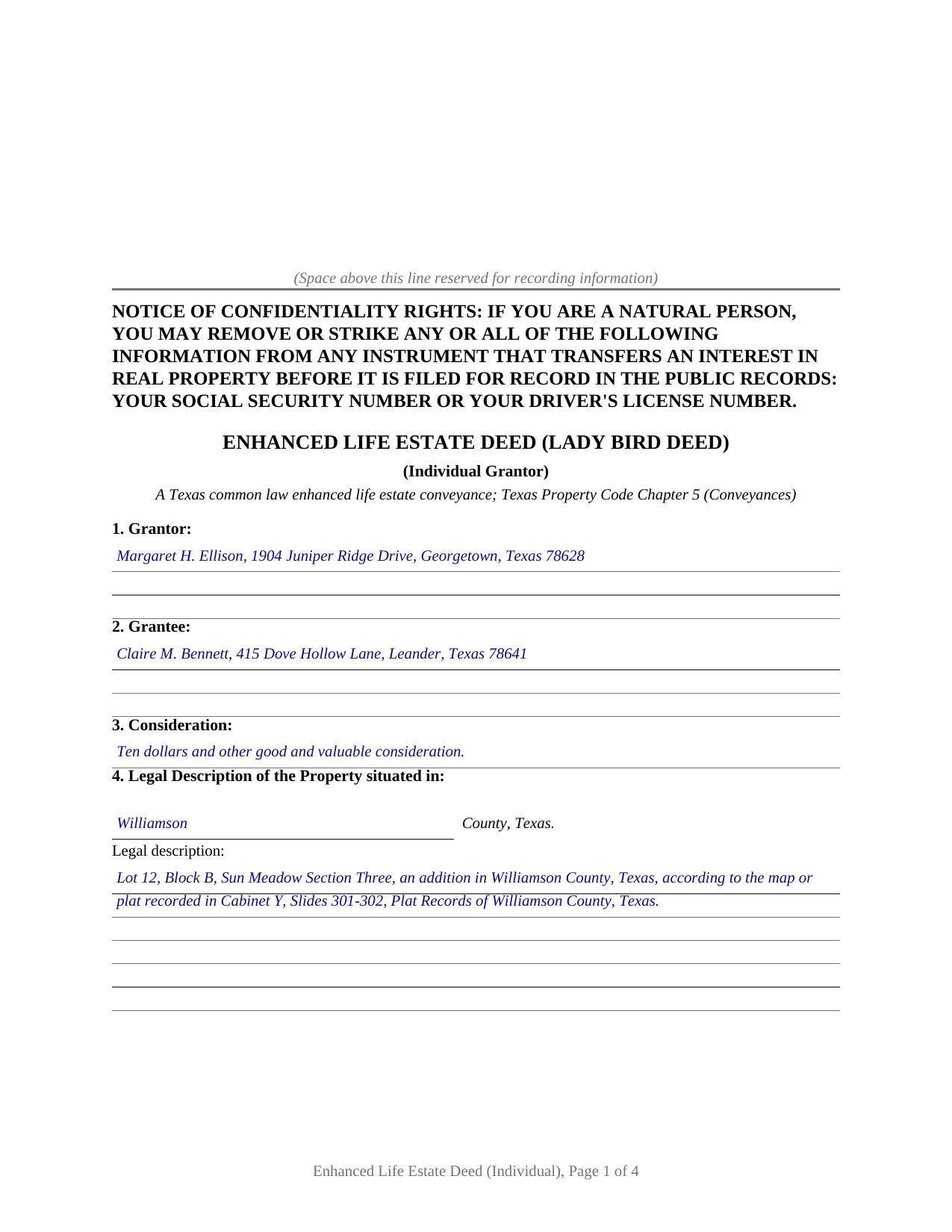 Karnes County Enhanced Life Estate Deed (Lady Bird Deed) (Individual ...