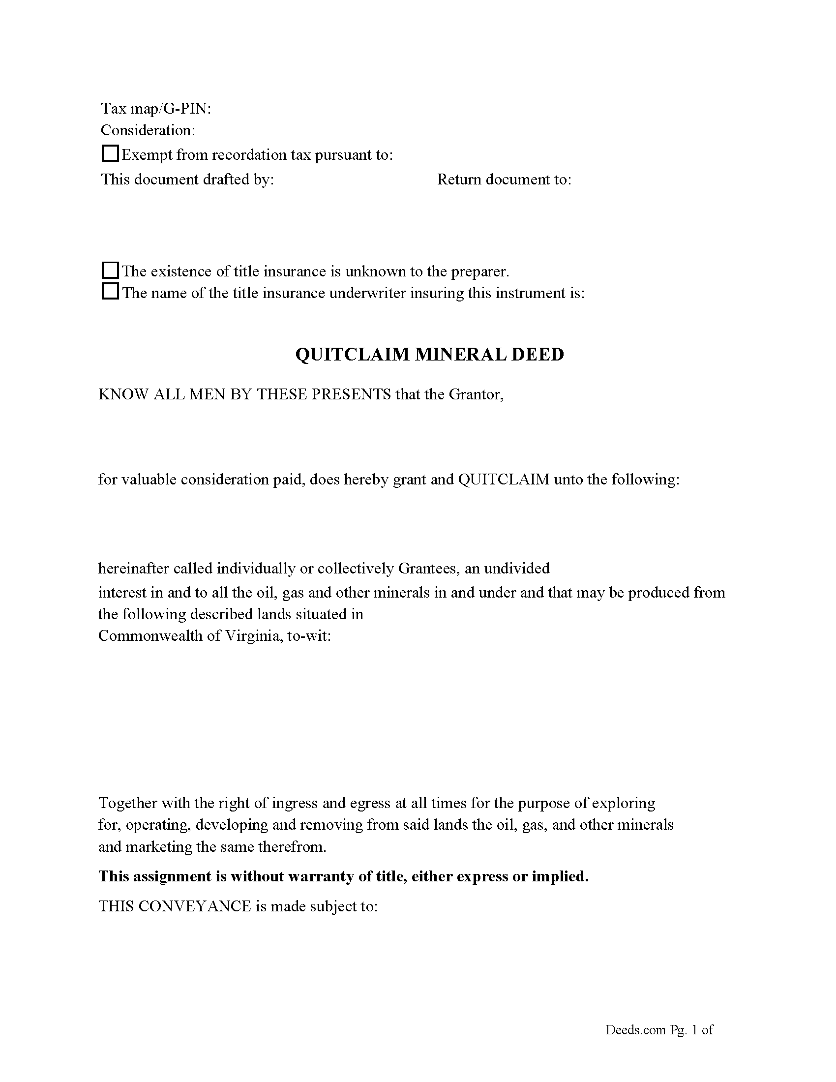 Scott County Quitclaim Mineral Deed Form | Virginia | Deeds.com Scott County Quitclaim Mineral Deed Form | Virginia | Deeds.com
